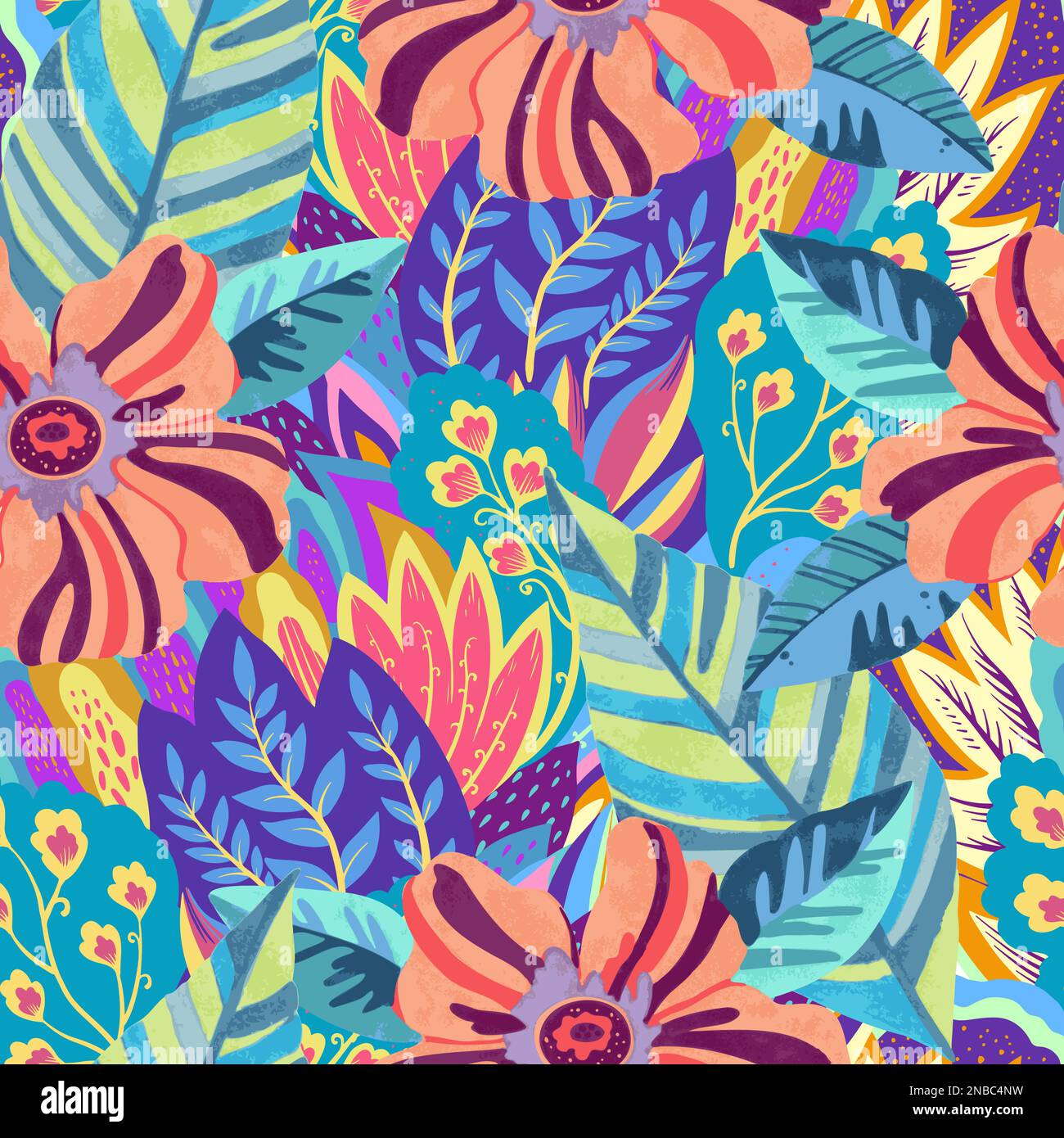 Colorful vivid psychedelic pattern with abstract tropical flowers for ...