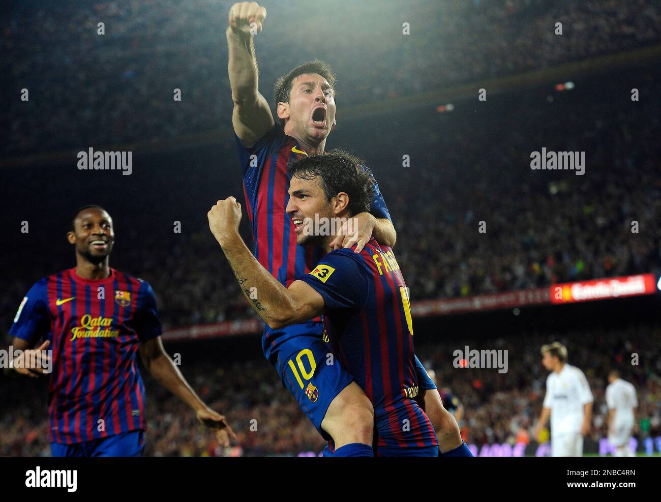 FC Barcelona's Lionel Messi from Argentina, second right reacts after ...