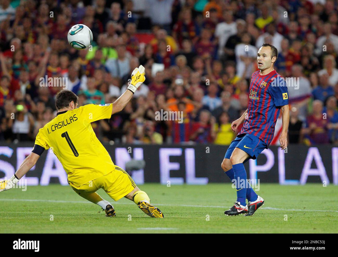 FC Barcelona's Andres Iniesta scores his goal after facing Real Madrid ...