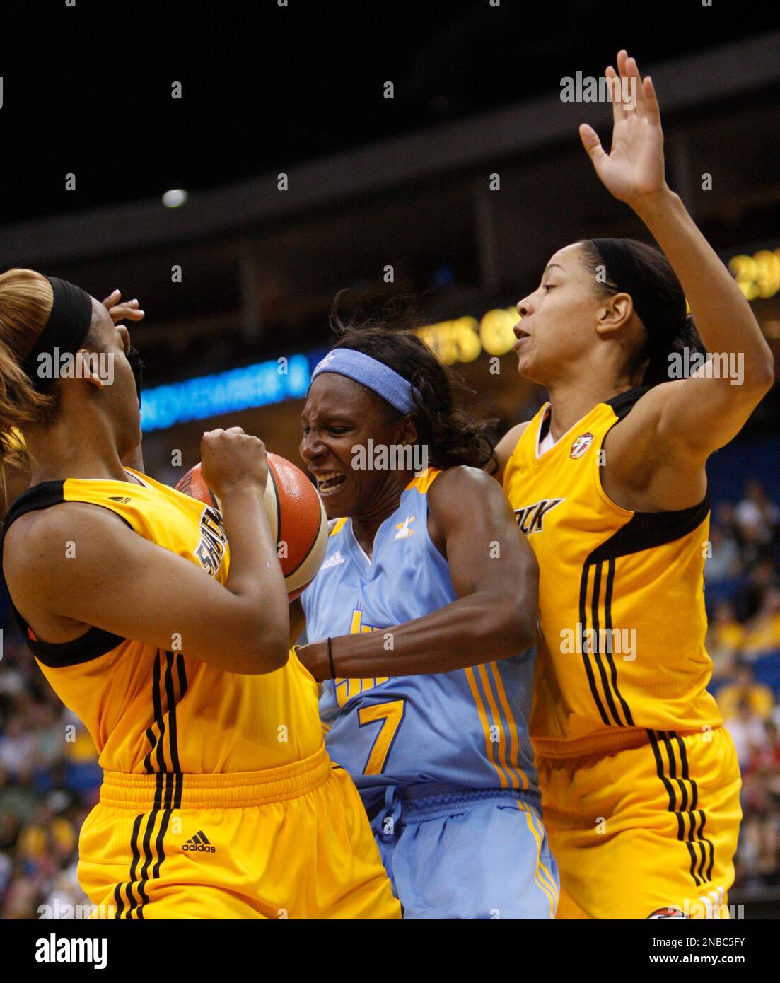 Chicago Sky guard Eshaya Murphy, center, is double teamed by Tulsa ...