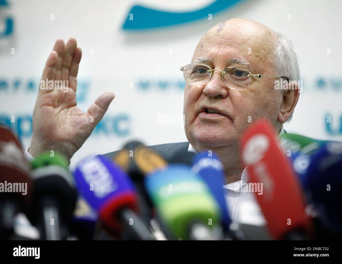 Former Soviet President Mikhail Gorbachev gestures during his news ...