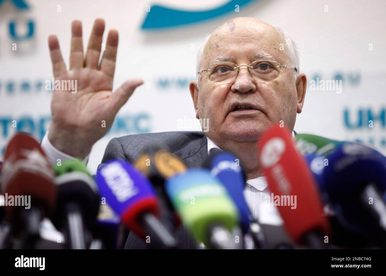 Former Soviet President Mikhail Gorbachev gestures speaking during his ...