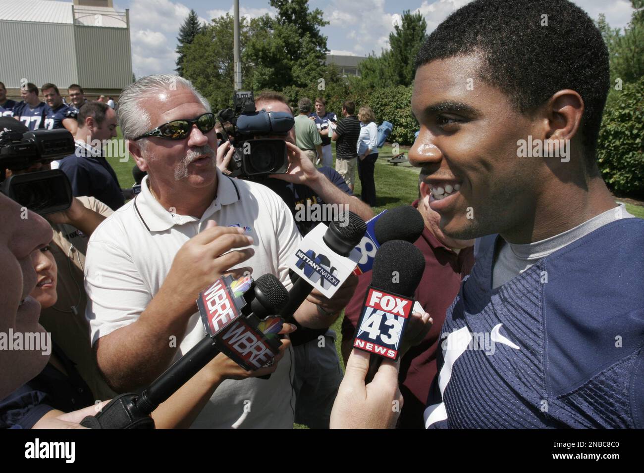 Penn State quarterback Rob Bolden, right, is interviewed during the college football team's ...