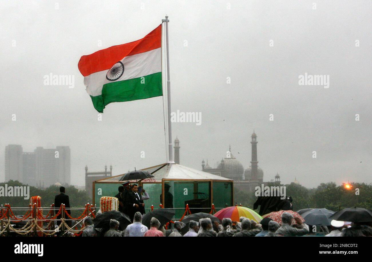 The Indian flag is seen after it was unfurled by Indian Prime Minister ...