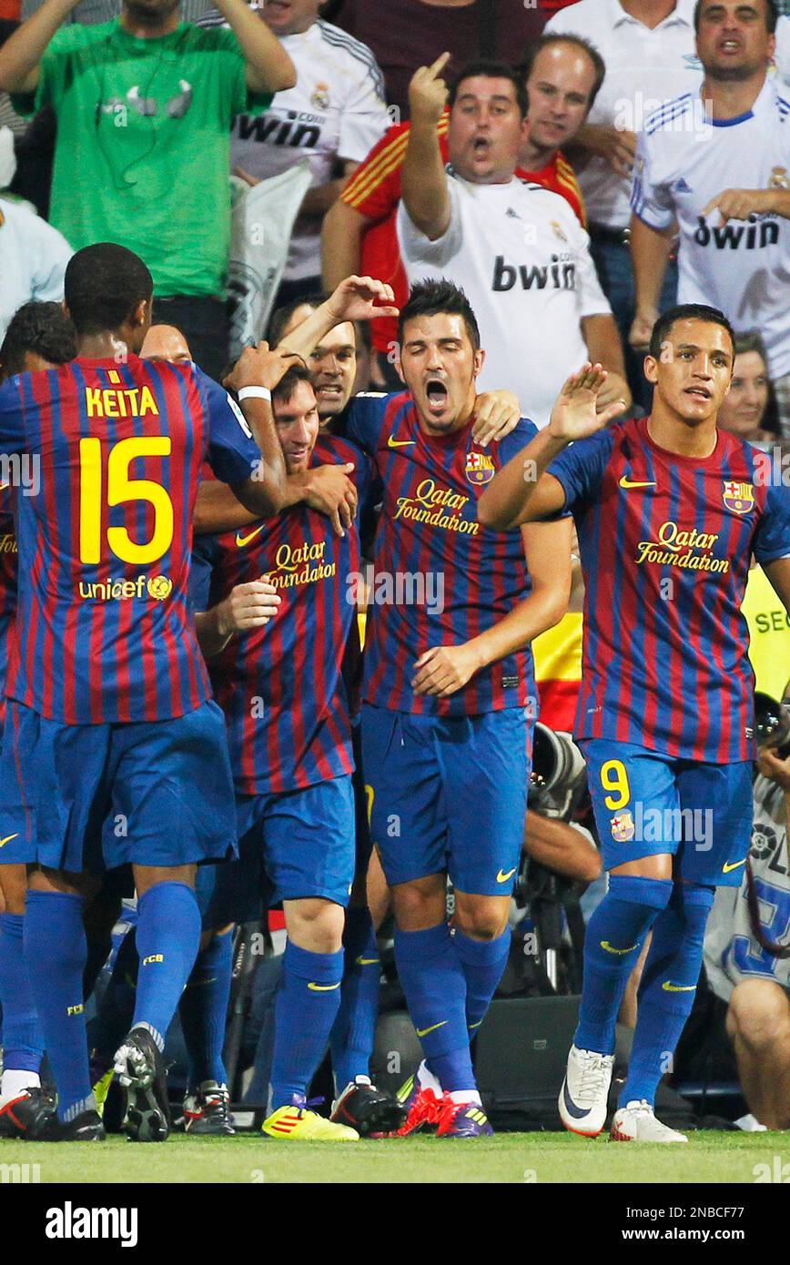 FC Barcelona's David Villa, second right, celebrates his goal with ...