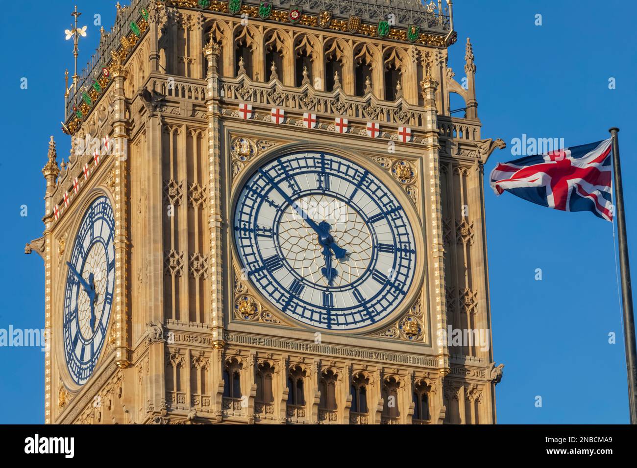 England, London, Westminster, Big Ben and Union Jack Flag Stock Photo ...