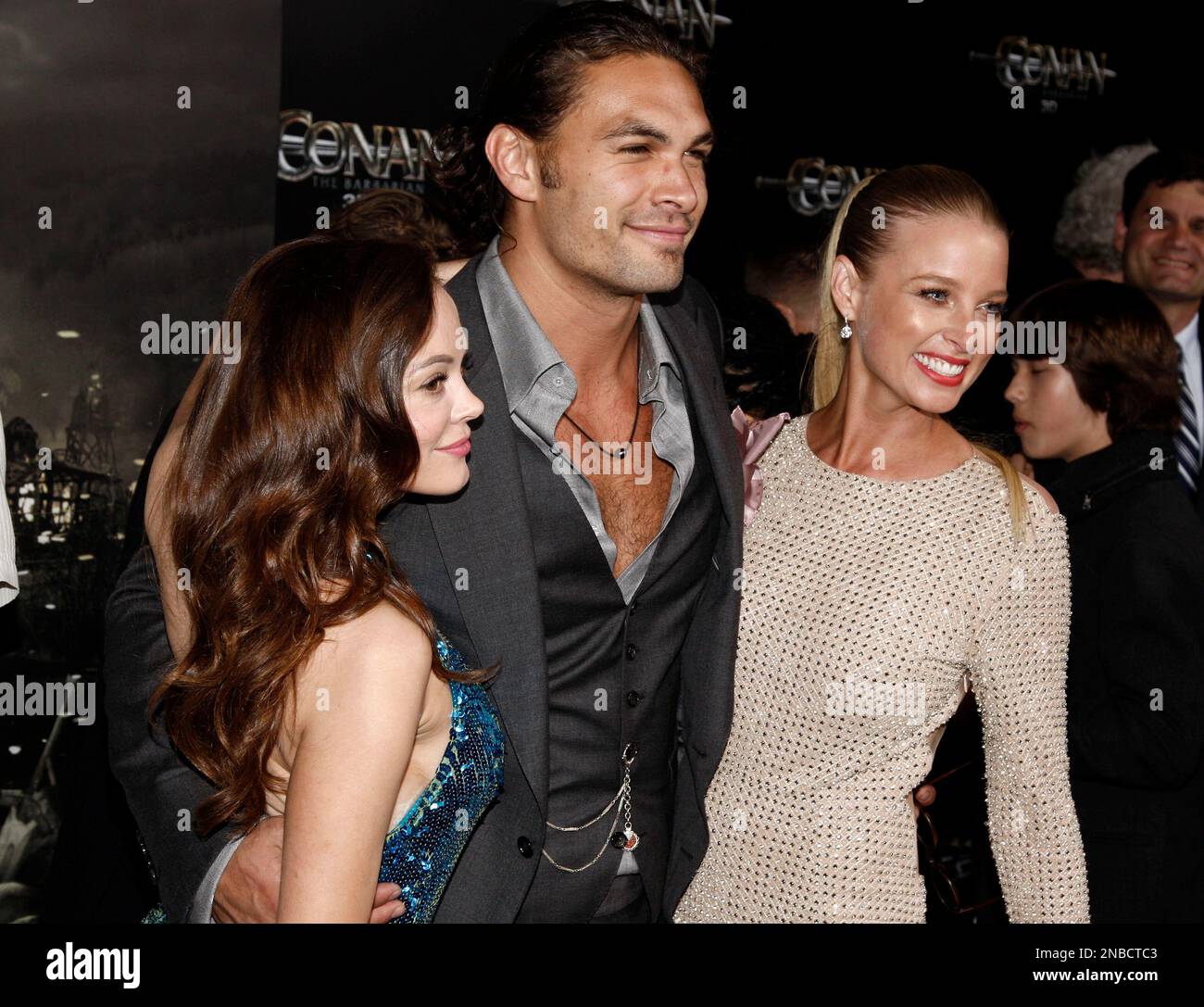 Cast members Jason Momoa, center, Rose McGowan, left, and Rachel ...