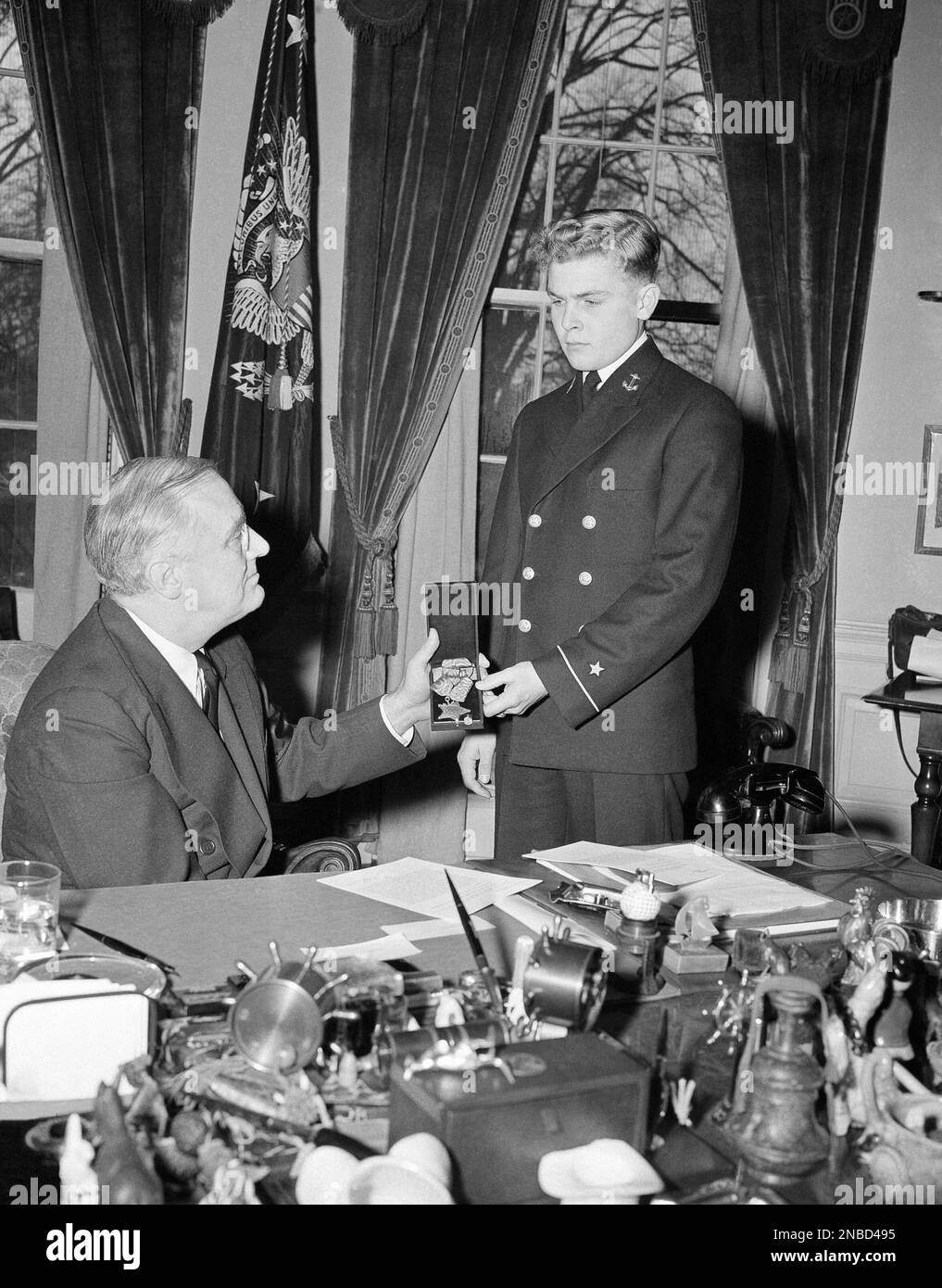 President Franklin D. Roosevelt with midshipman Norman Scott, Jr., on ...
