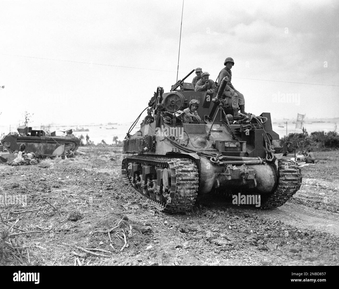 A heavy tank moves inland from the beach on Okinawa, Japan on April 16 ...
