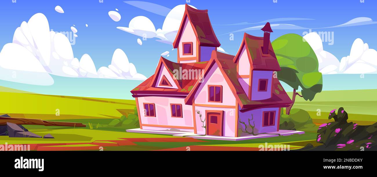 Countryside landscape with farm house, garden with tree and bushes with ...