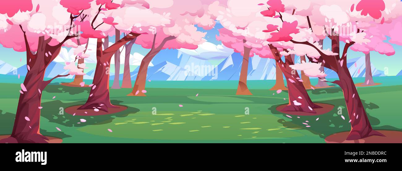 Japanese cherry trees and white mountains on horizon. Spring landscape ...