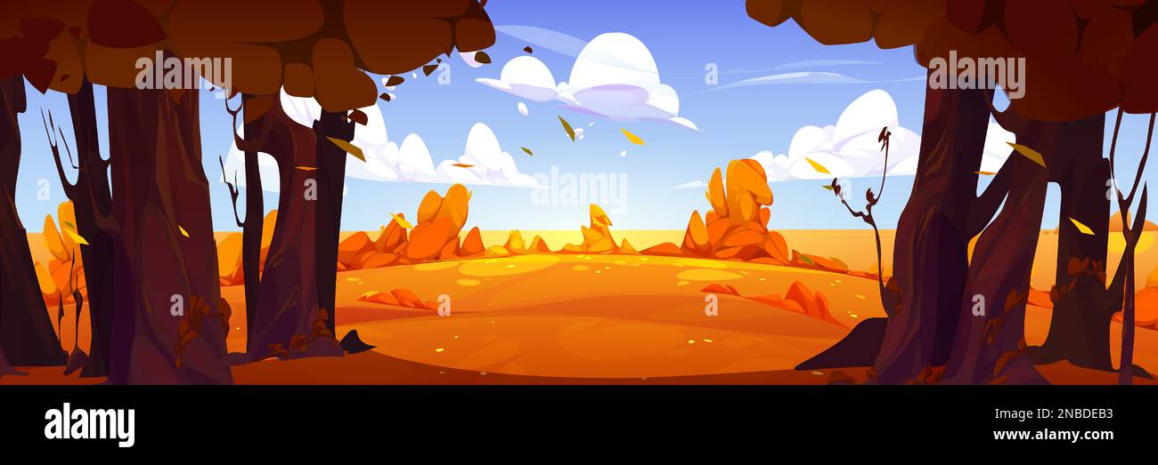 Autumn forest landscape with trees, bushes, grass and falling orange ...