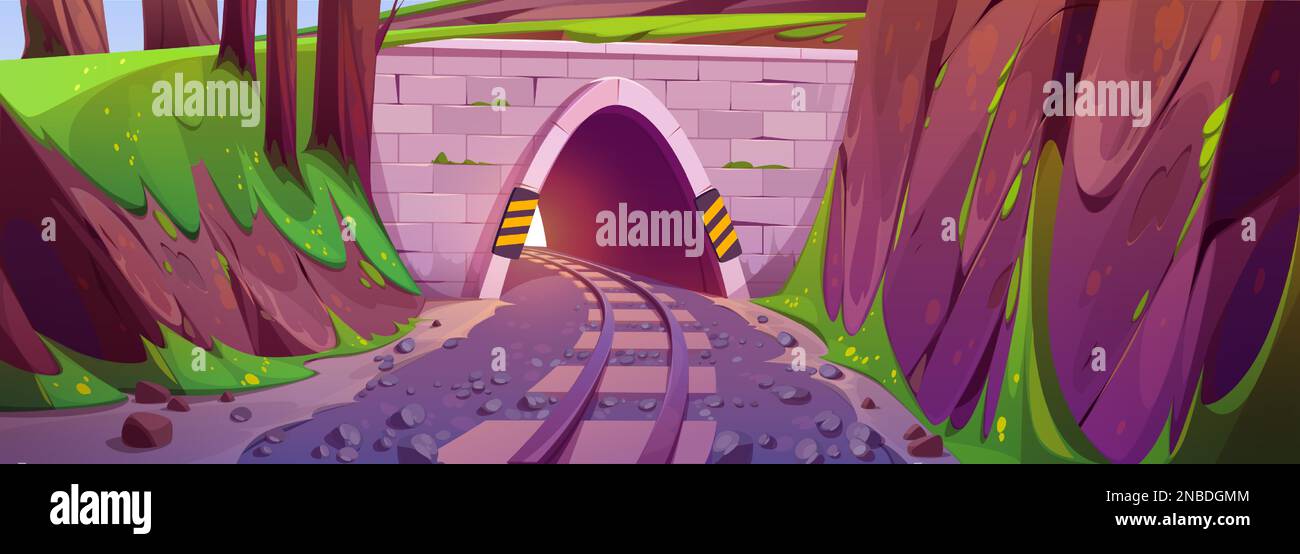 Cartoon railway tunnel in mountains. Vector illustration of railroad ...