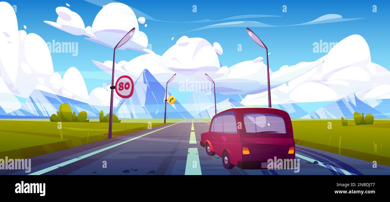 Mountain landscape with road and car, cartoon vector. Speed limit sign ...