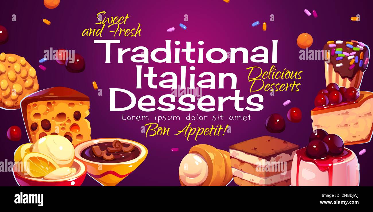 Italian desserts poster with cakes, tiramisu, cannoli, ice cream and ...