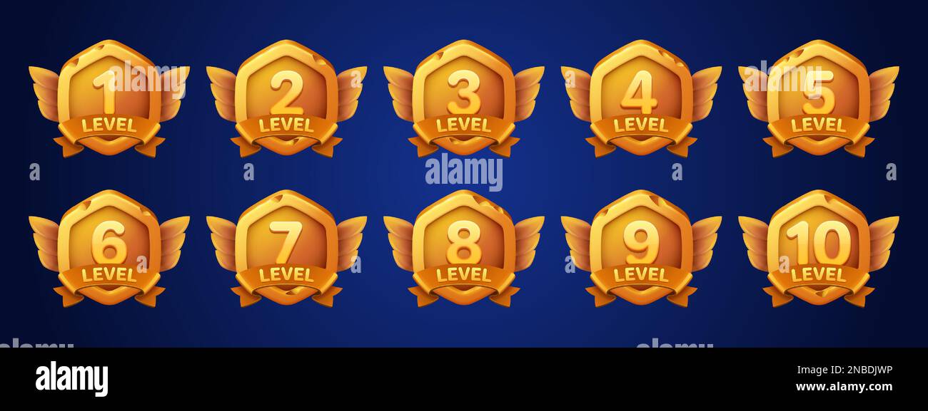 Game damaged gold badges with level number. Achievement rank emblems ...