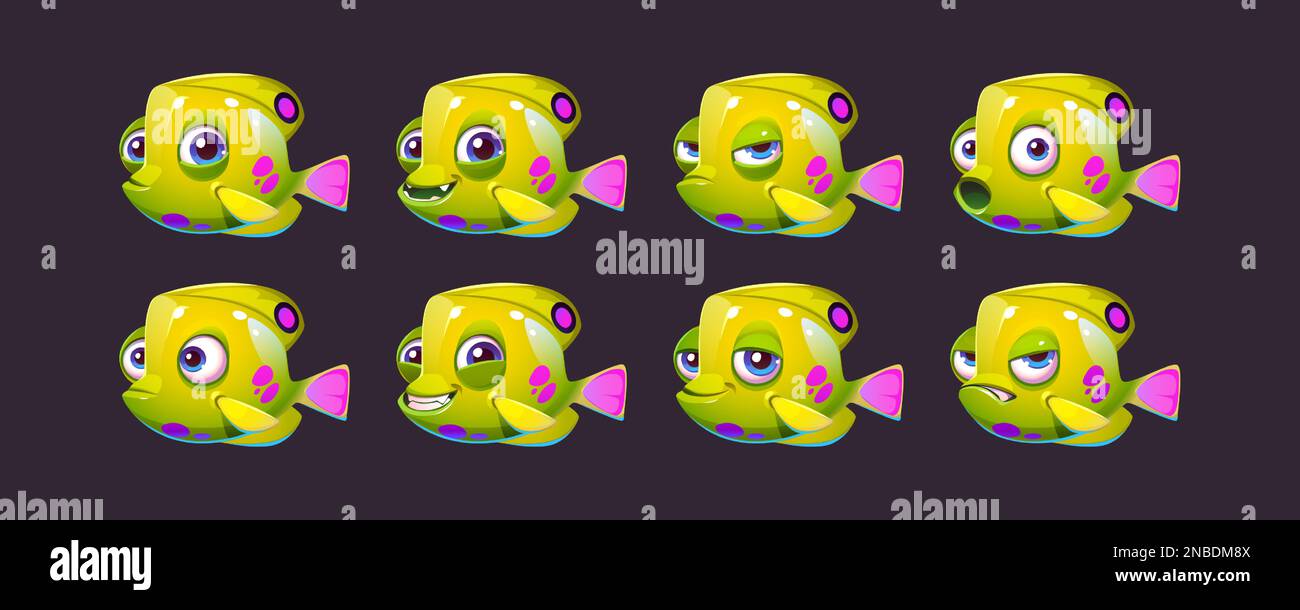 Cartoon set of green fish character with different emotions isolated on ...