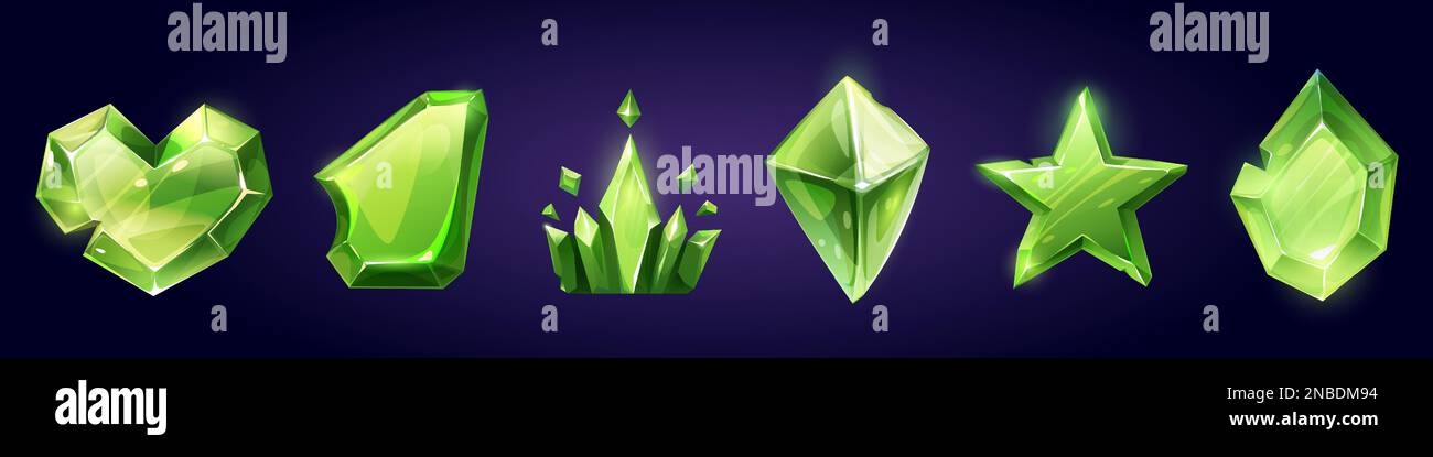 Game green gemstone in shape of crown, star and heart. Magic jewel ...