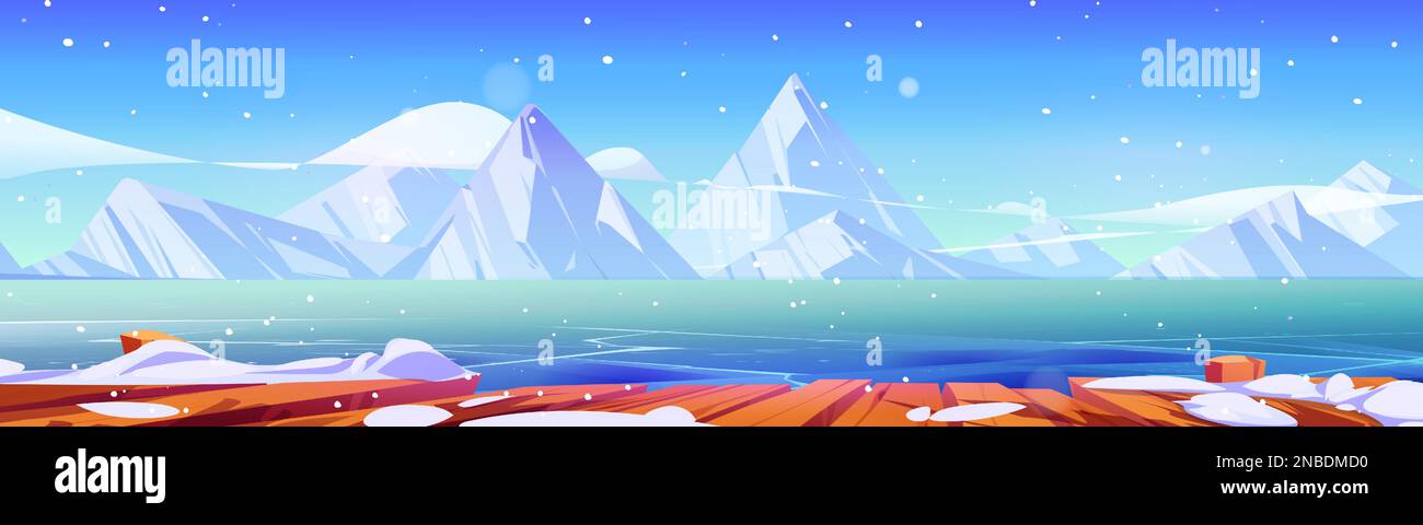 Lake with ice, wood pier and mountains in winter. Landscape with frozen ...