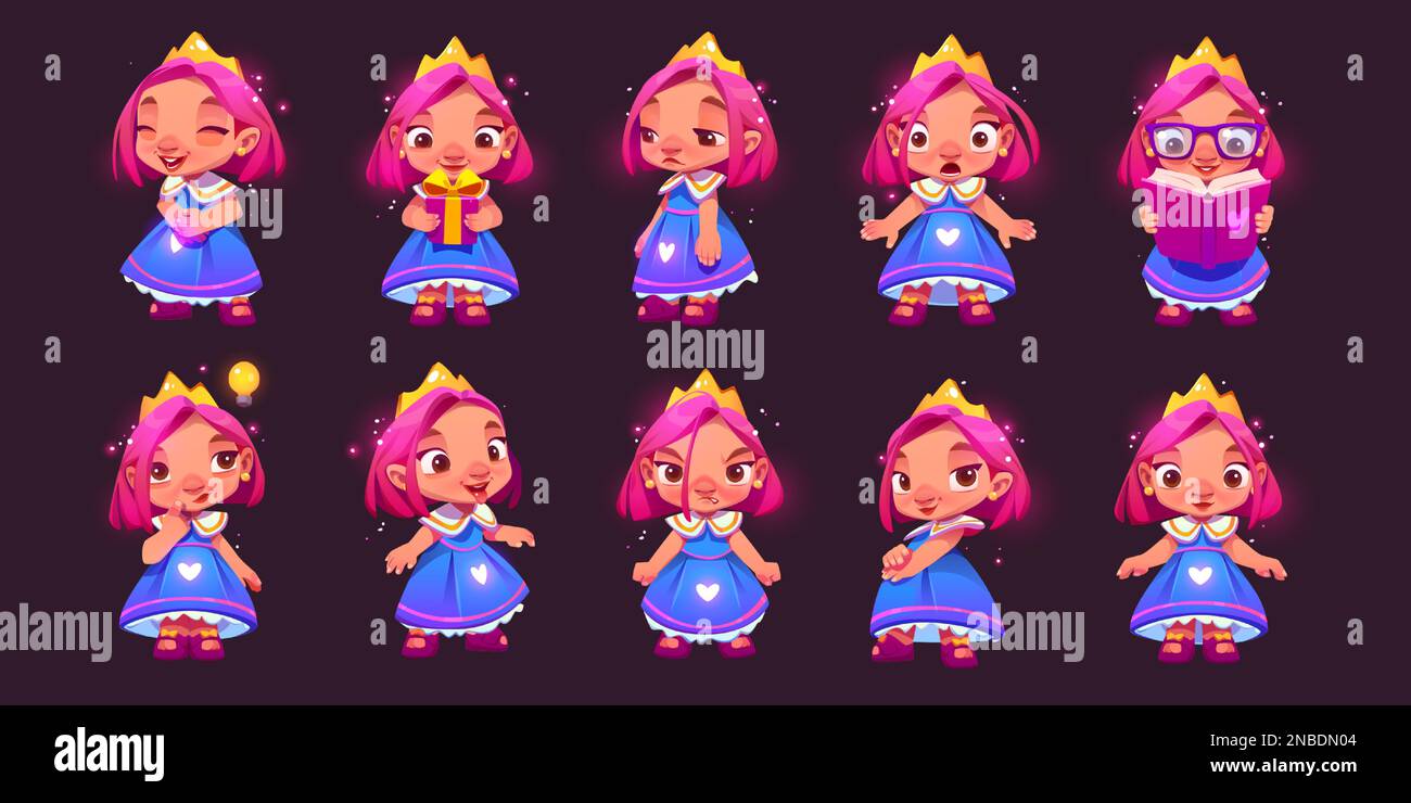 Cartoon set of cute princess character with different emotions isolated ...