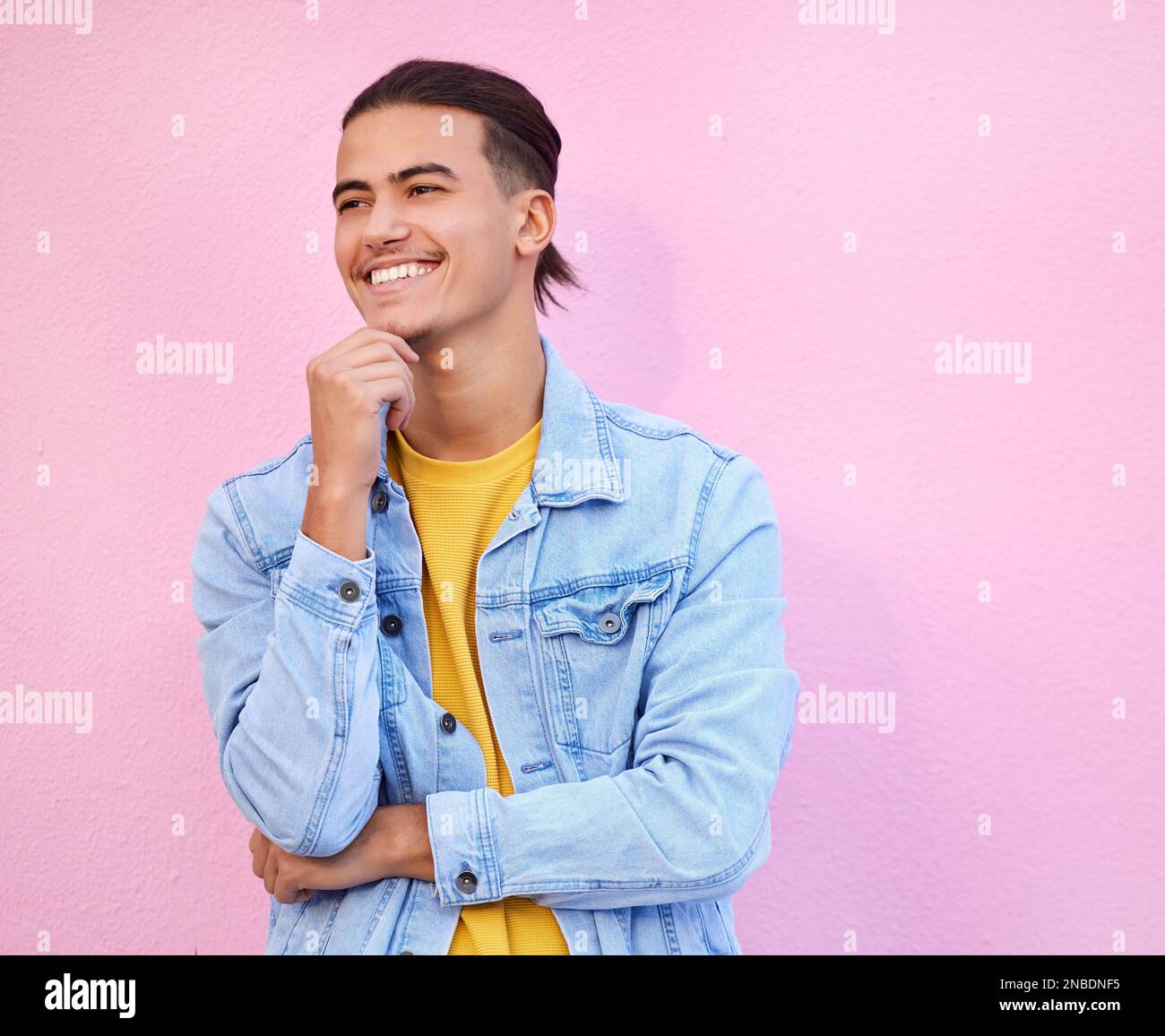 Thinking, man and vision on pink background of happy ideas, mindset and ...