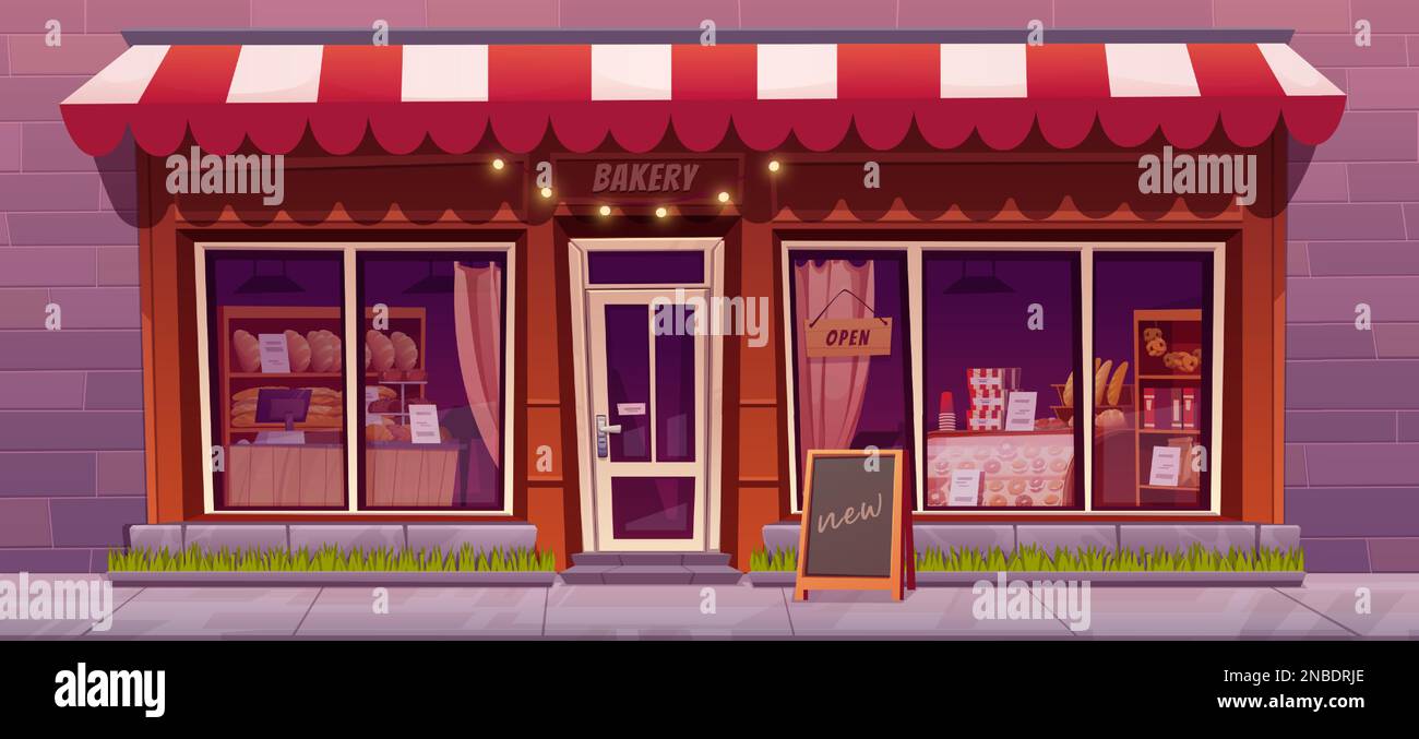 Bakery shop facade with large windows and door. Vector cartoon ...