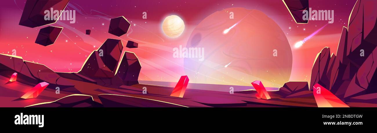 Meteor shower scene on alien planet. Cartoon space game level ...