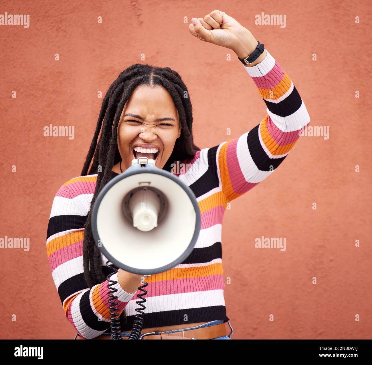 Megaphone, fight or black woman shouting in speech announcement for ...
