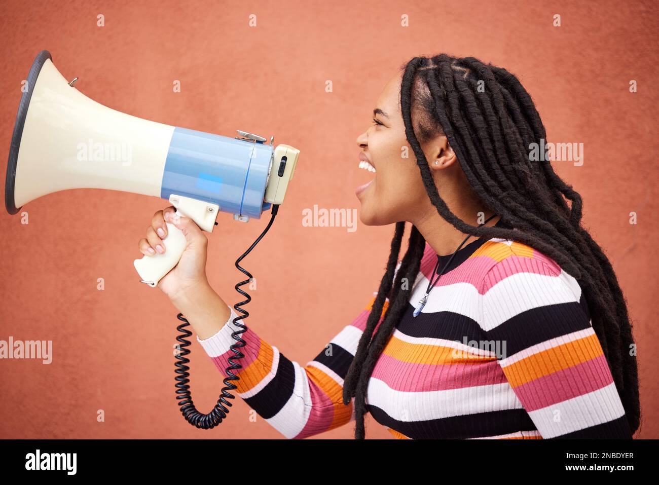 Megaphone, protest or angry black woman with speech announcement for ...