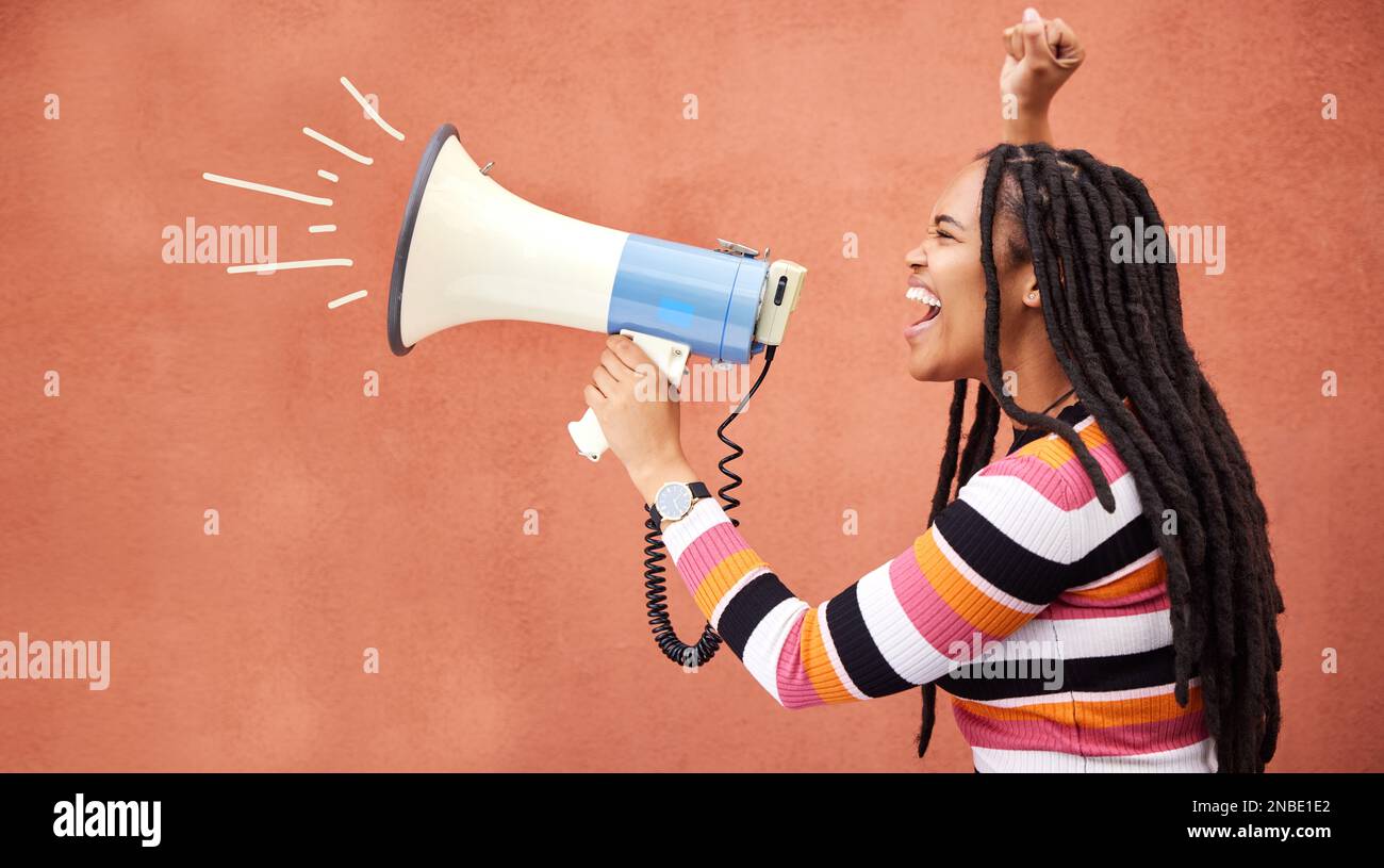 Megaphone, anger or black woman in protest with speech announcement for ...