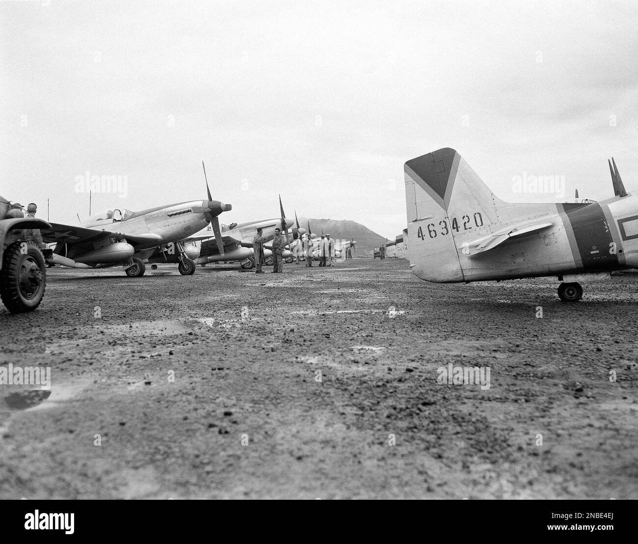 Some of the P-51 Mustang fighters all ready for the takeoff in Okinawa ...