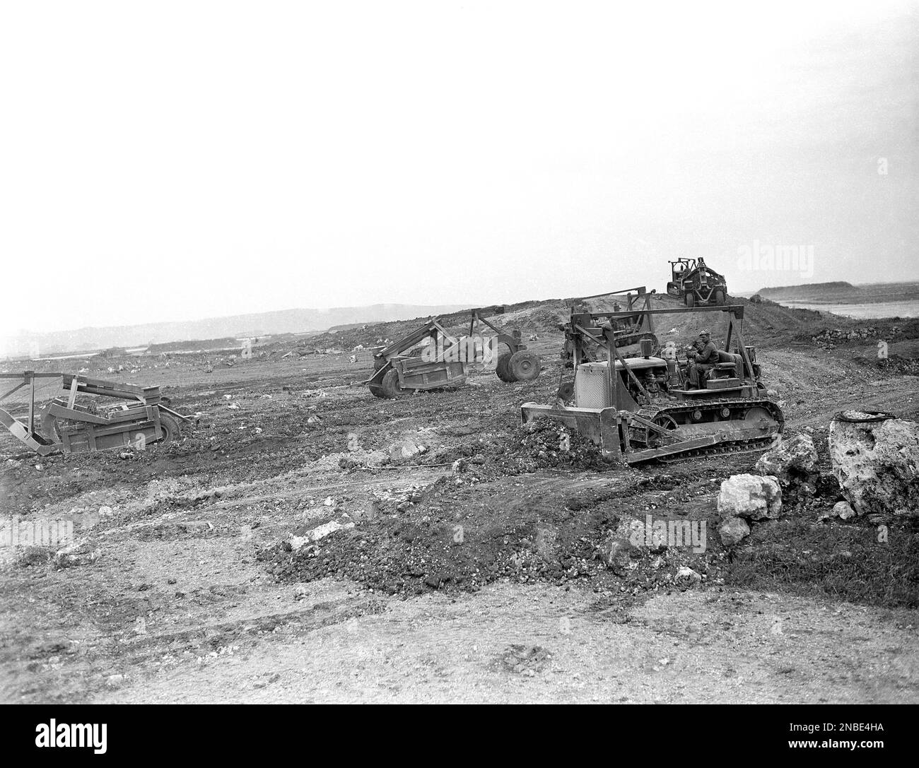 U.S. Air Force building airstrip after bombing in Okinawa, Japan on ...
