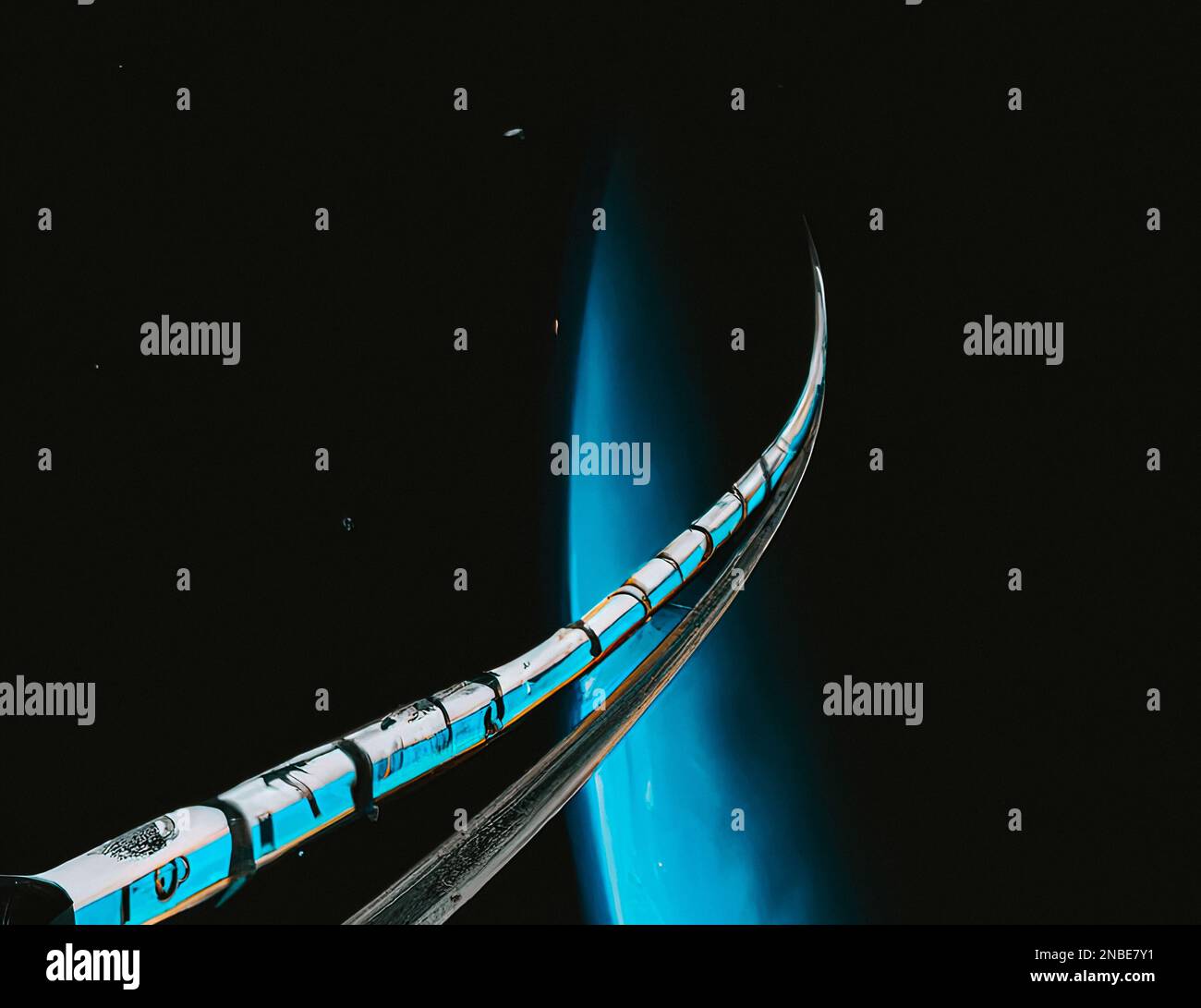 A 3D digital illustration of a floating segmented horn in dark space ...