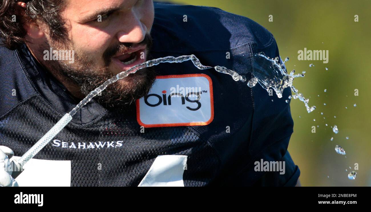 Seattle Seahawks' John Moffitt drinks water at NFL football training ...