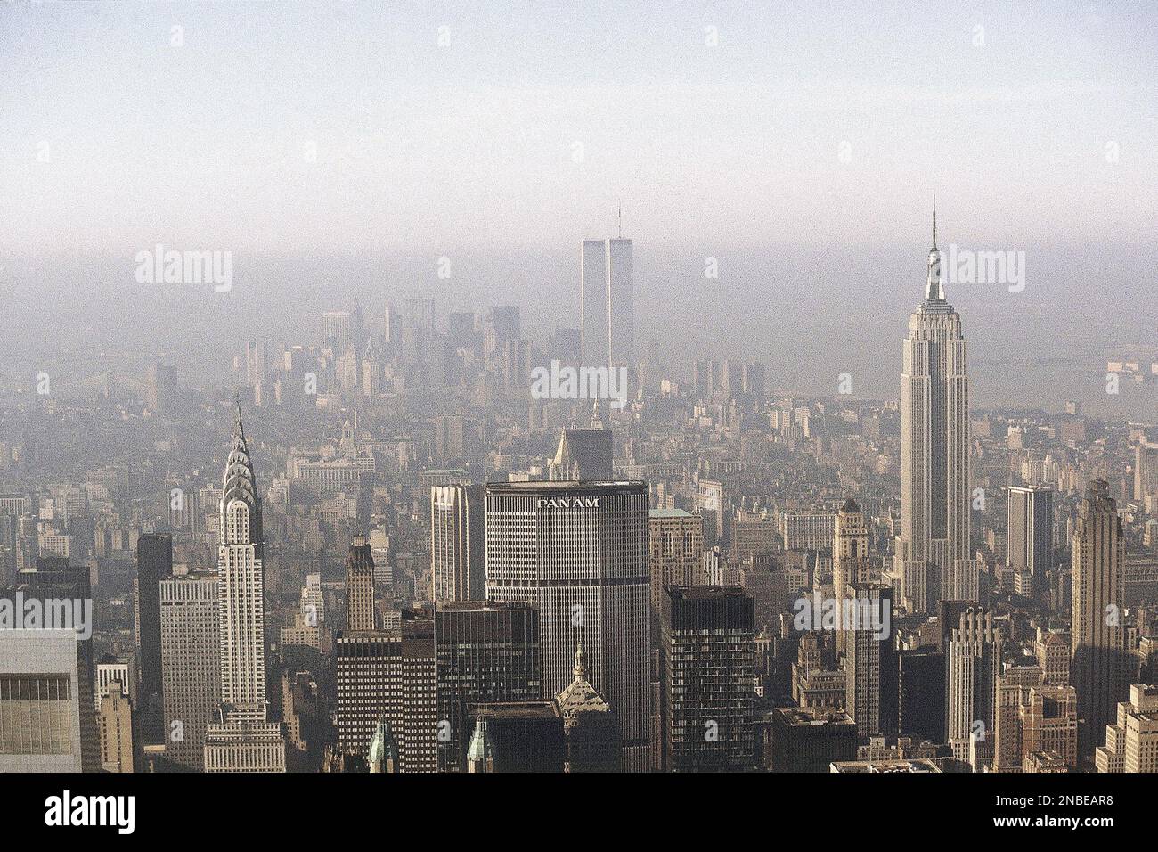Aerial view of New York City skyline in April 1978. Chrysler building ...