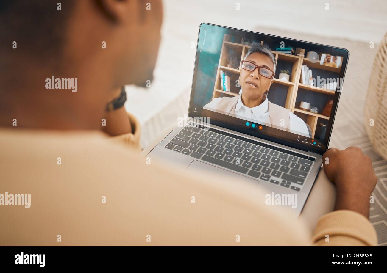 Laptop, video call and mental health with virtual counseling ...