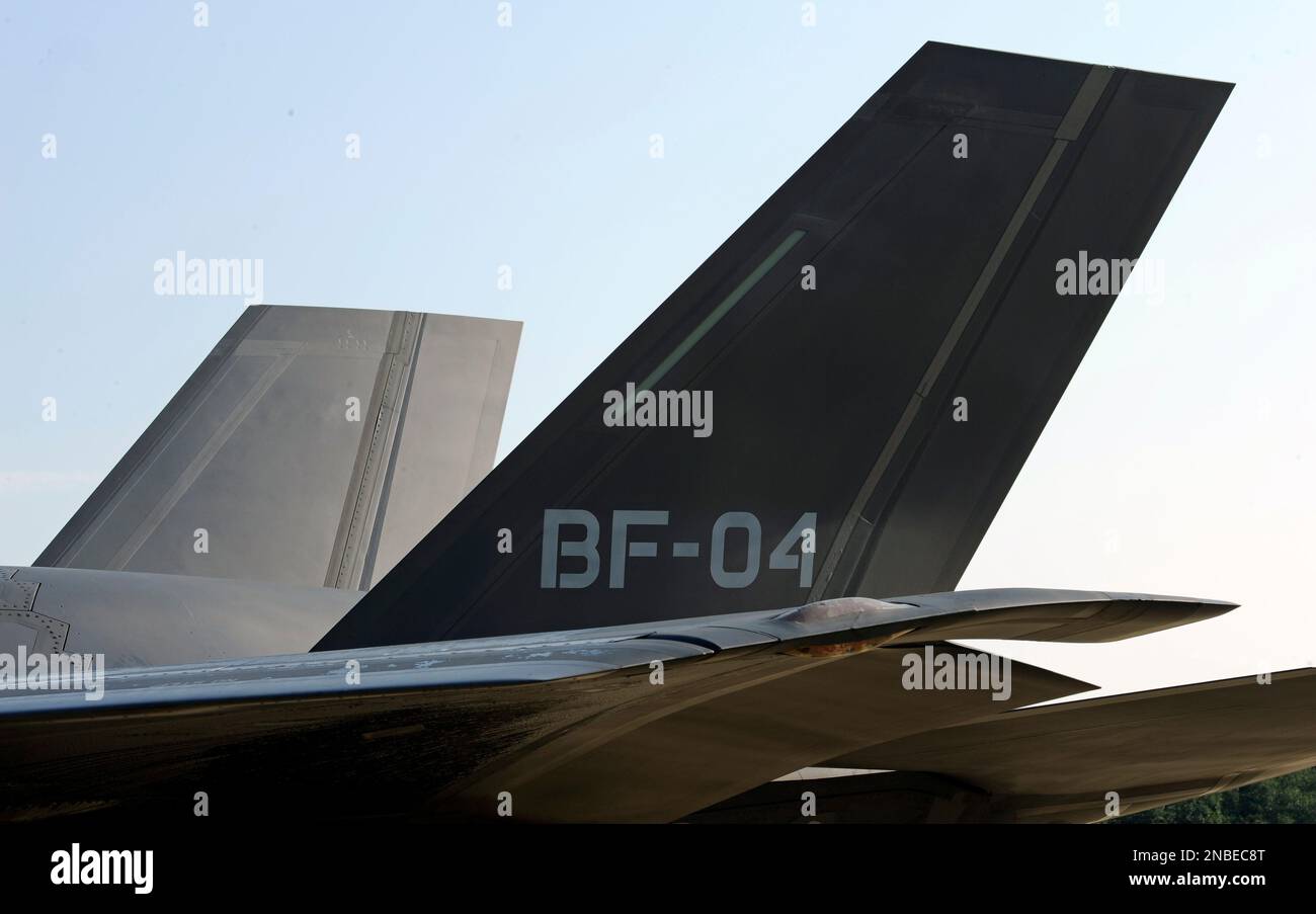 The tail wings of a Marine Corp F-35B Joint Strike Fighter as it sits ...