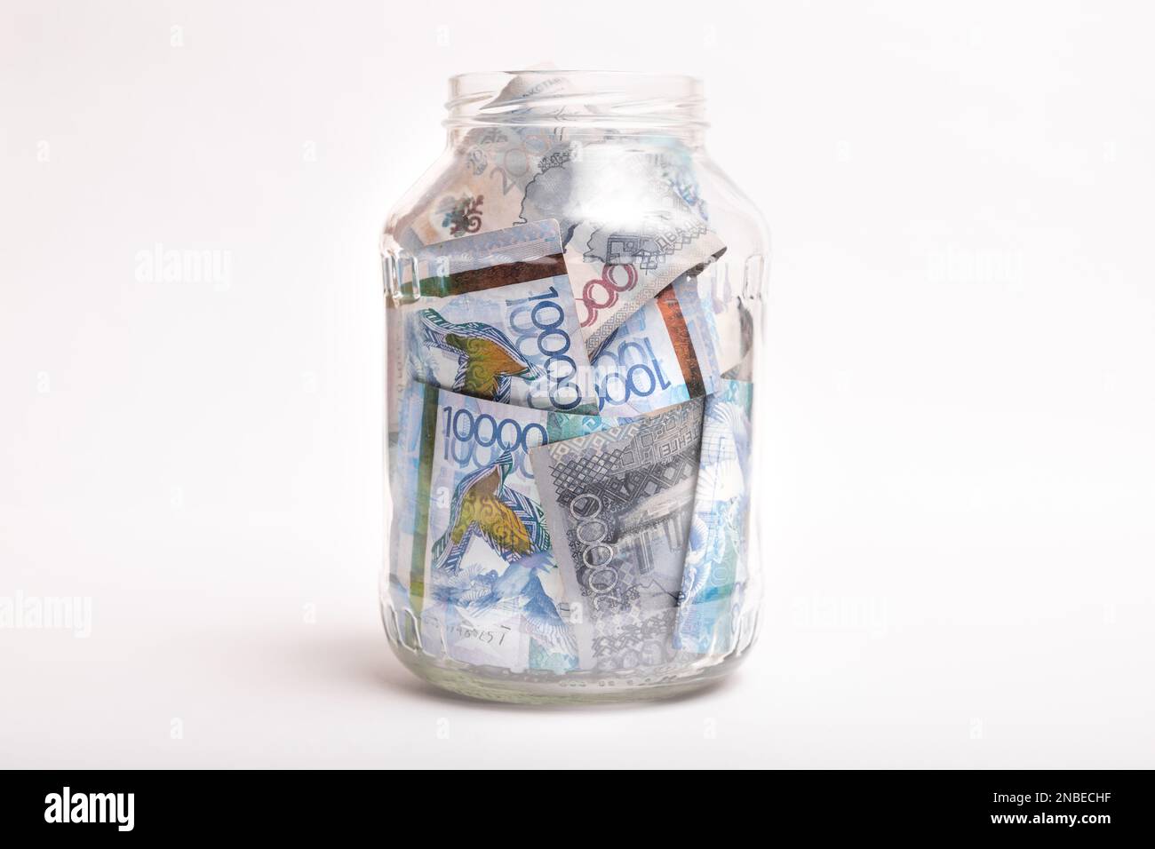 Kazakhstan banknotes of a large denomination in a transparent bank on a ...