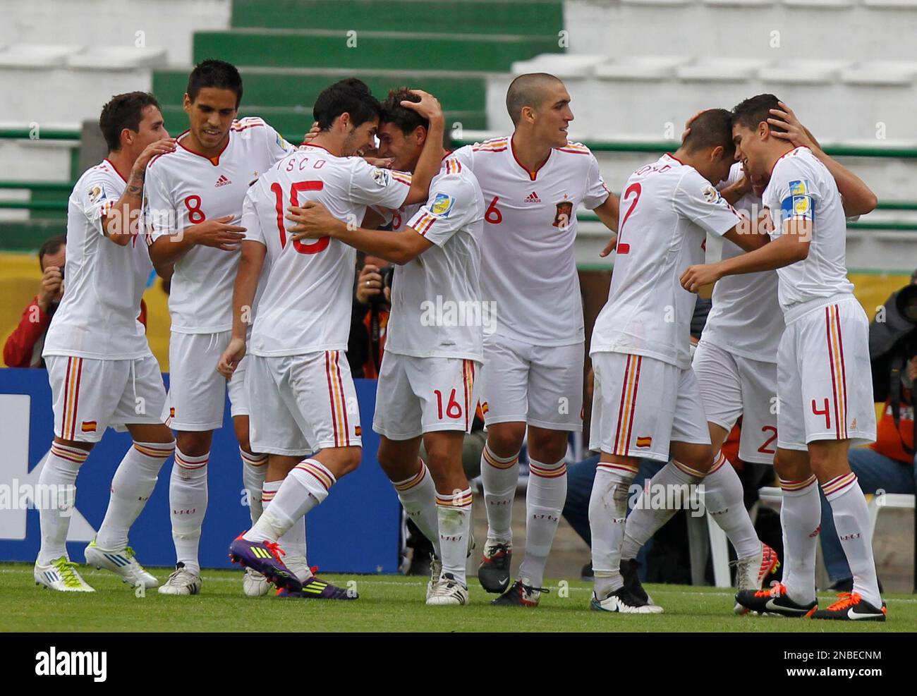 Spain's players celebrate with Koke, fourth from left, after he scored ...