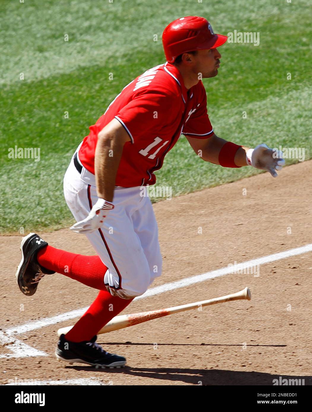 Washington Nationals' Ryan Zimmerman watches his RBI double during the ...
