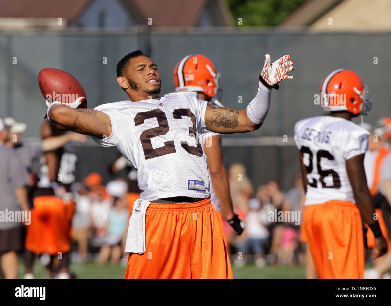 Cleveland Browns cornerback Joe Haden (23) warms up before practice at ...