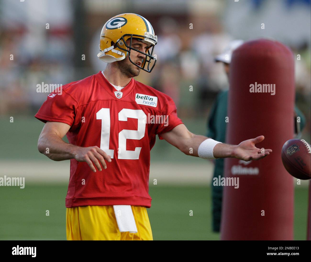 Green Bay Packers' Aaron Rodgers is seen during NFL football training camp Saturday, July 30 ...