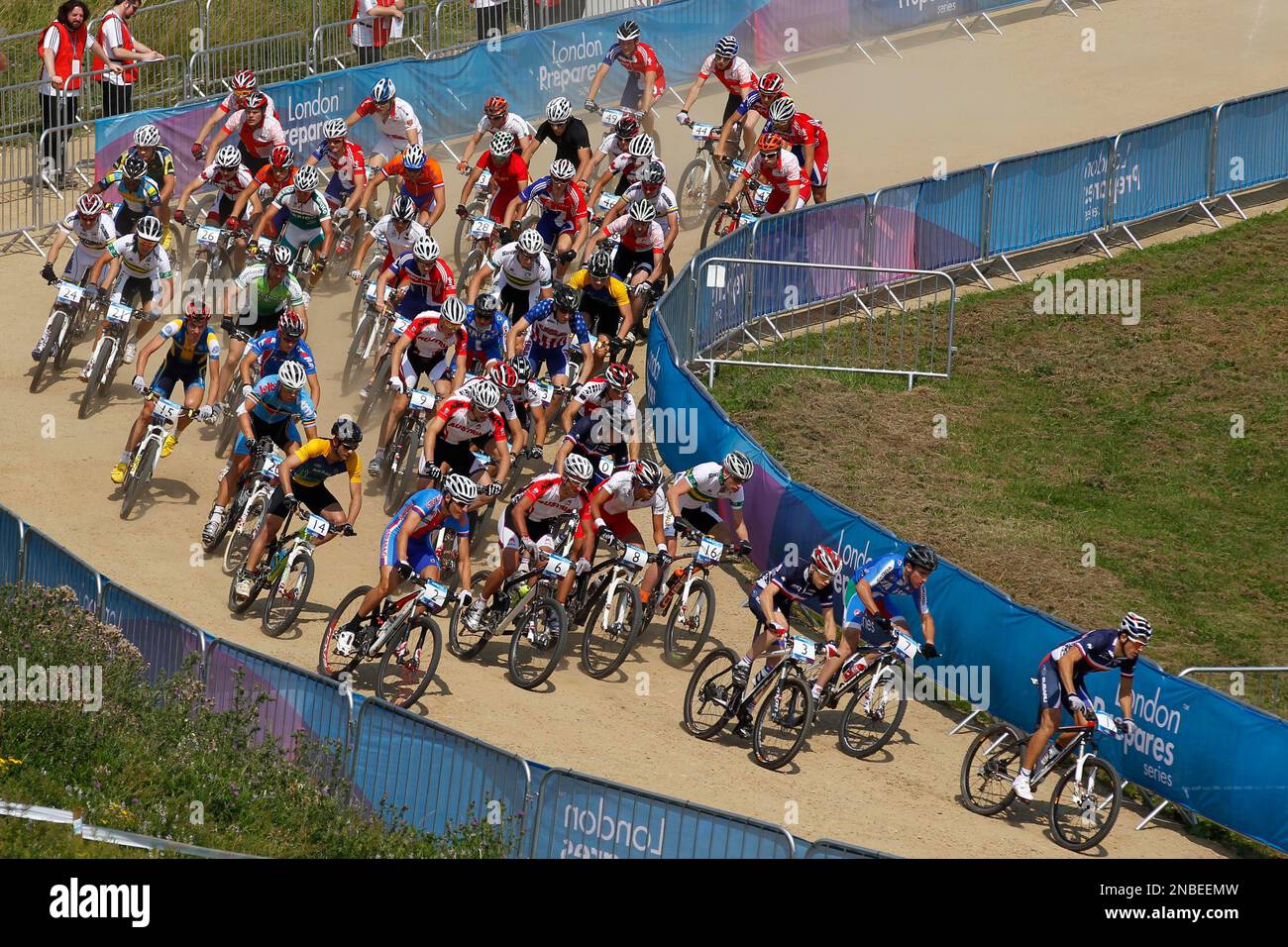 Men cross-country mountain bikers start their race during the Hadleigh ...