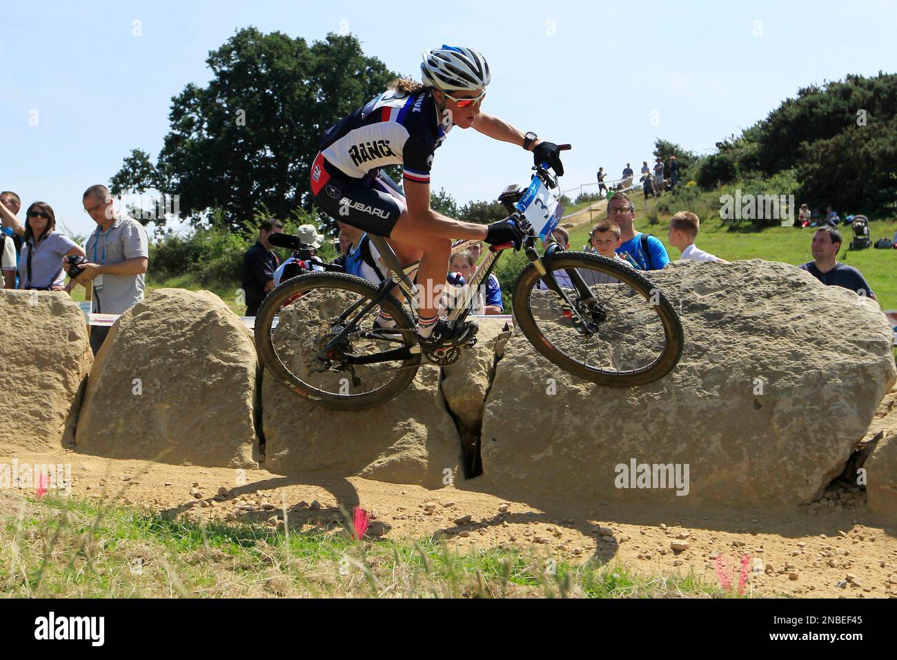 France's Julie Bresset races during the Hadleigh Farm Mountain Bike ...