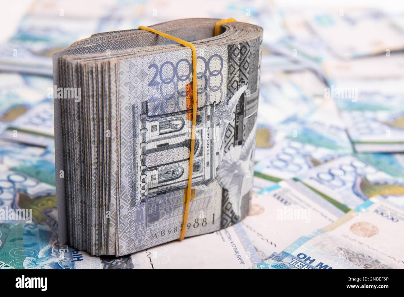 Pack of 20000 banknotes of Kazakhstan tenge, against the background of ...