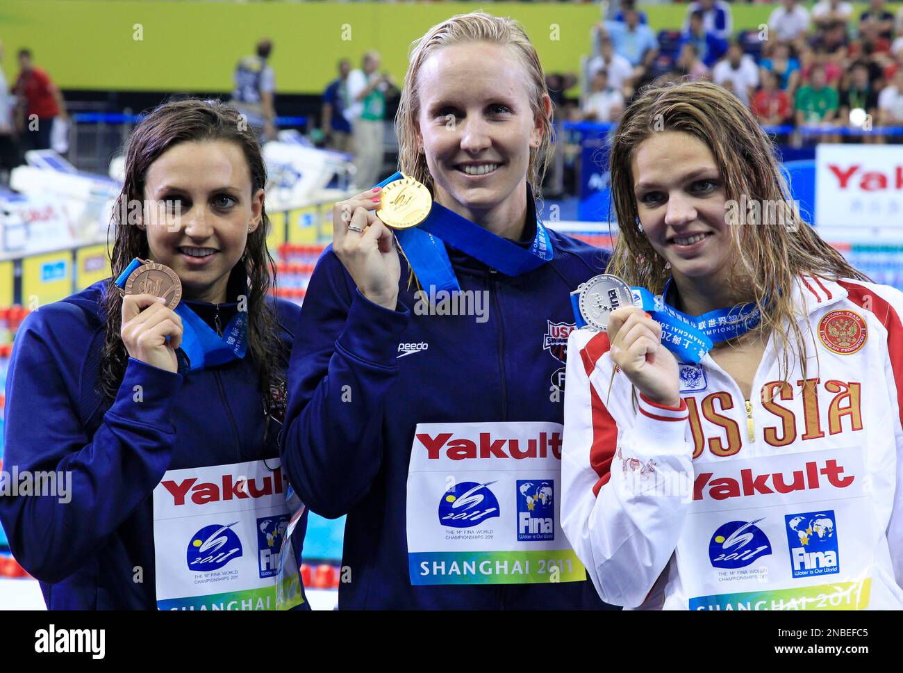 Medal winners, from left, U.S. Rebecca Soni, bronze; U.S. Jessica Hardy ...