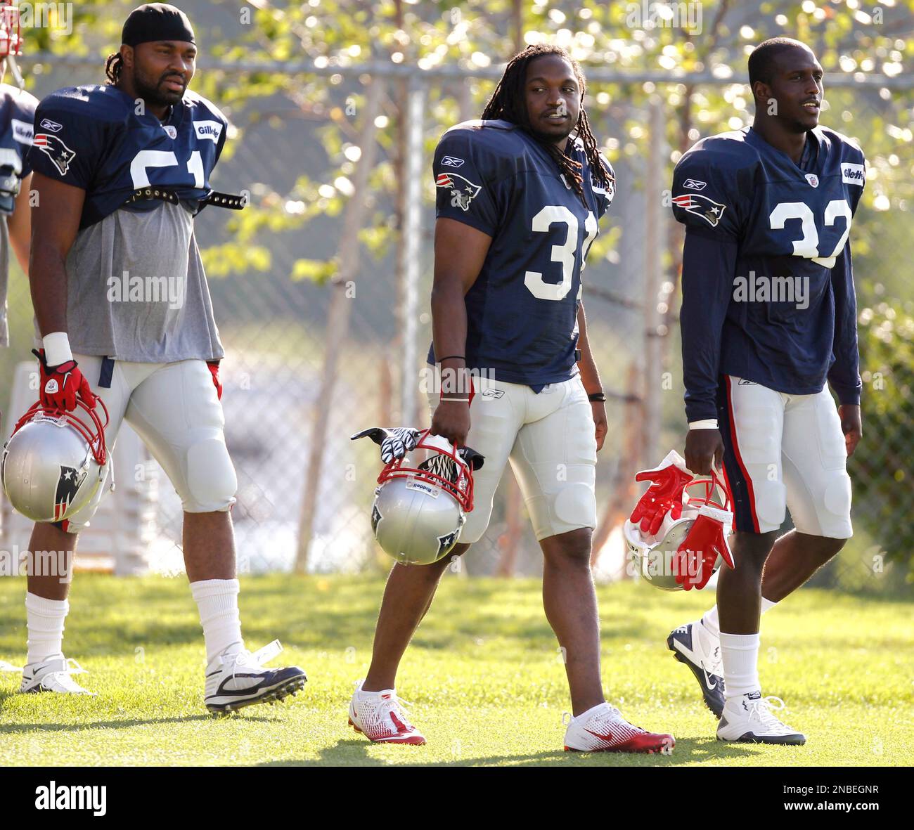 New England Patriots linebacker Jerod Mayo, left, safety Brandon ...