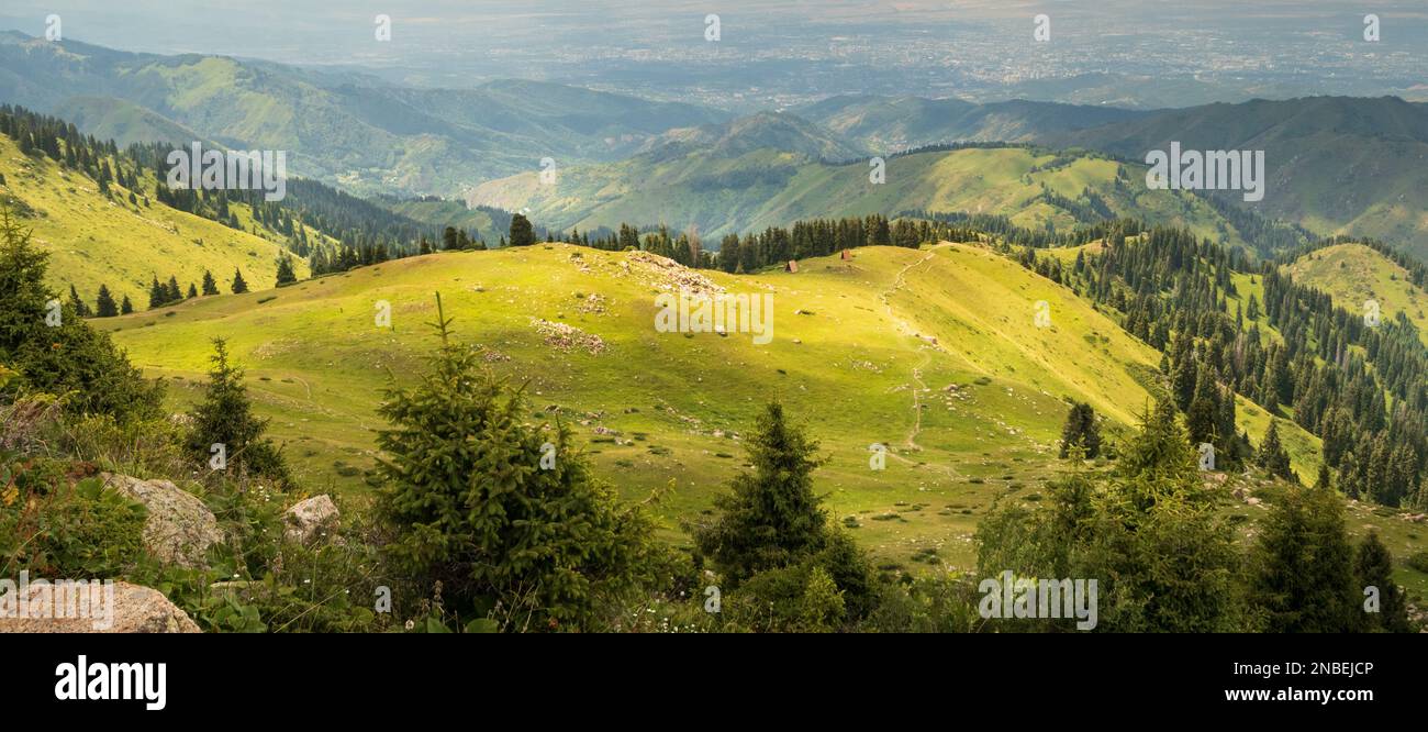 Mountain green valley in Almaty mountains, famous hiking trail in ...