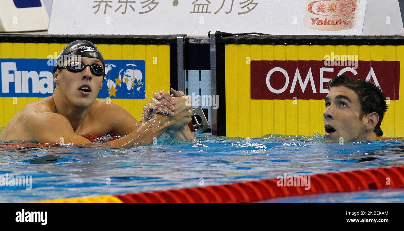 U.S. Michael Phelps, right, celebrates with his compatriot Tyler McGill ...