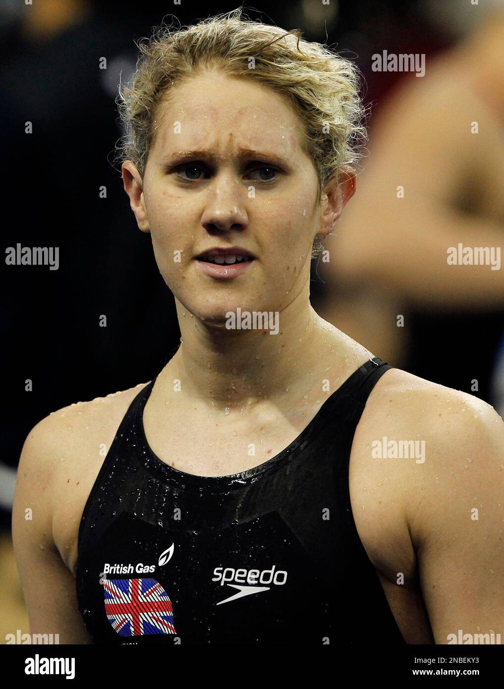 Britain's Jemma Lowe leave the pool after her race in a women's 4x100m ...
